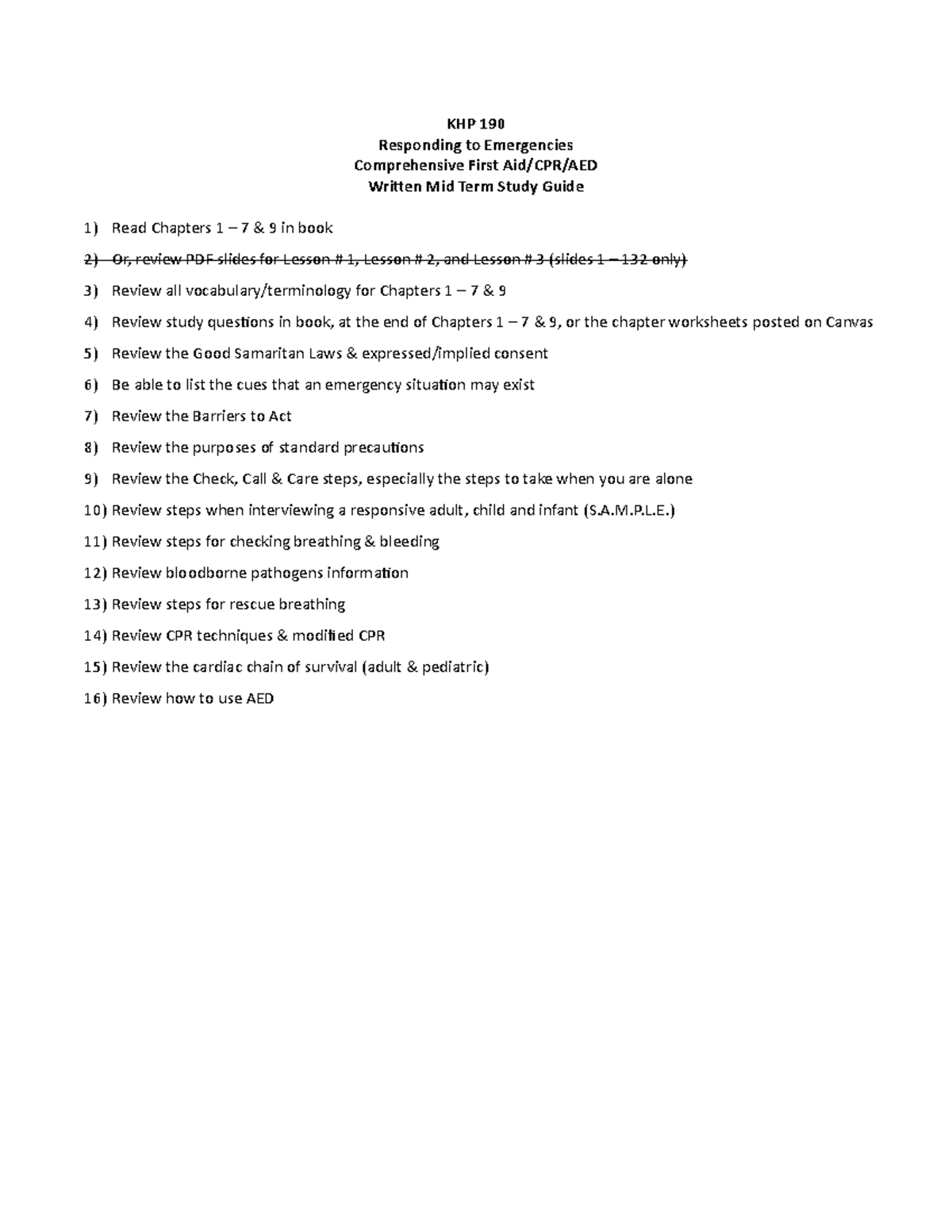 KHP 190 Midterm study guide - KHP 190 Responding to Emergencies ...