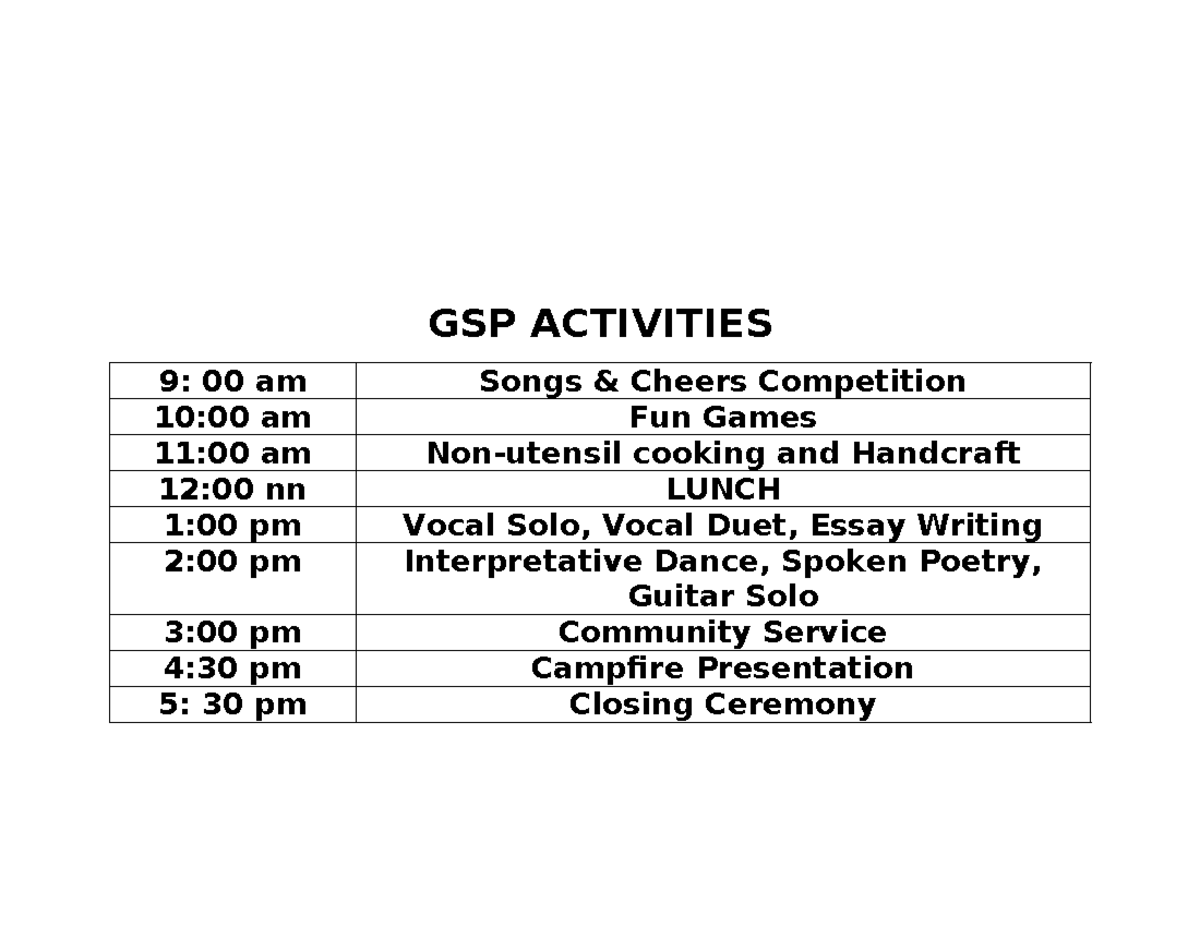 GSP Activities - GSP - Physical Education - GSP ACTIVITIES 9: 00 am ...