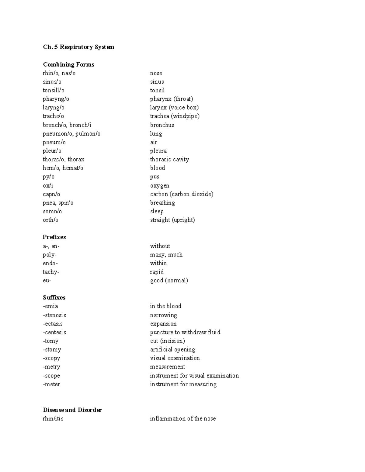 Chapter 05 word parts - Ch. 5 Respiratory System Combining Forms rhin/o ...