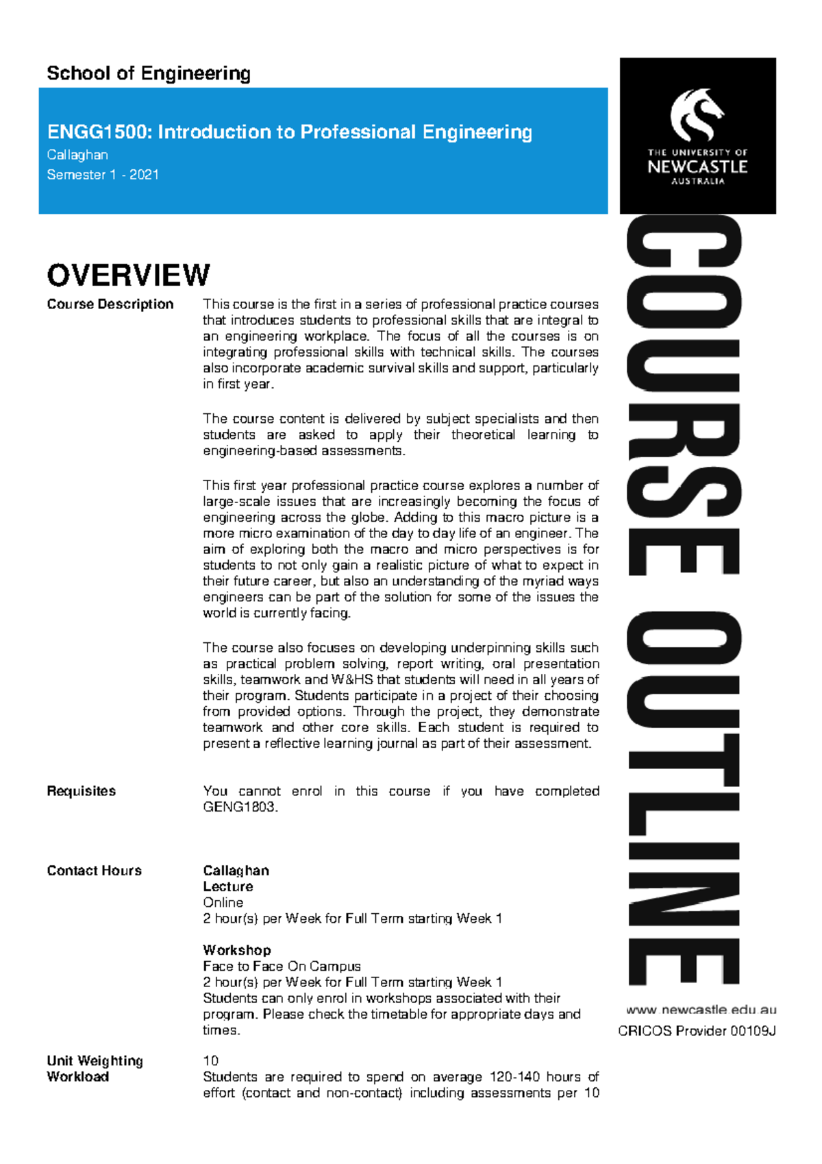 ENGG1500 2021 Course Outline - School of Engineering ENGG1500 ...