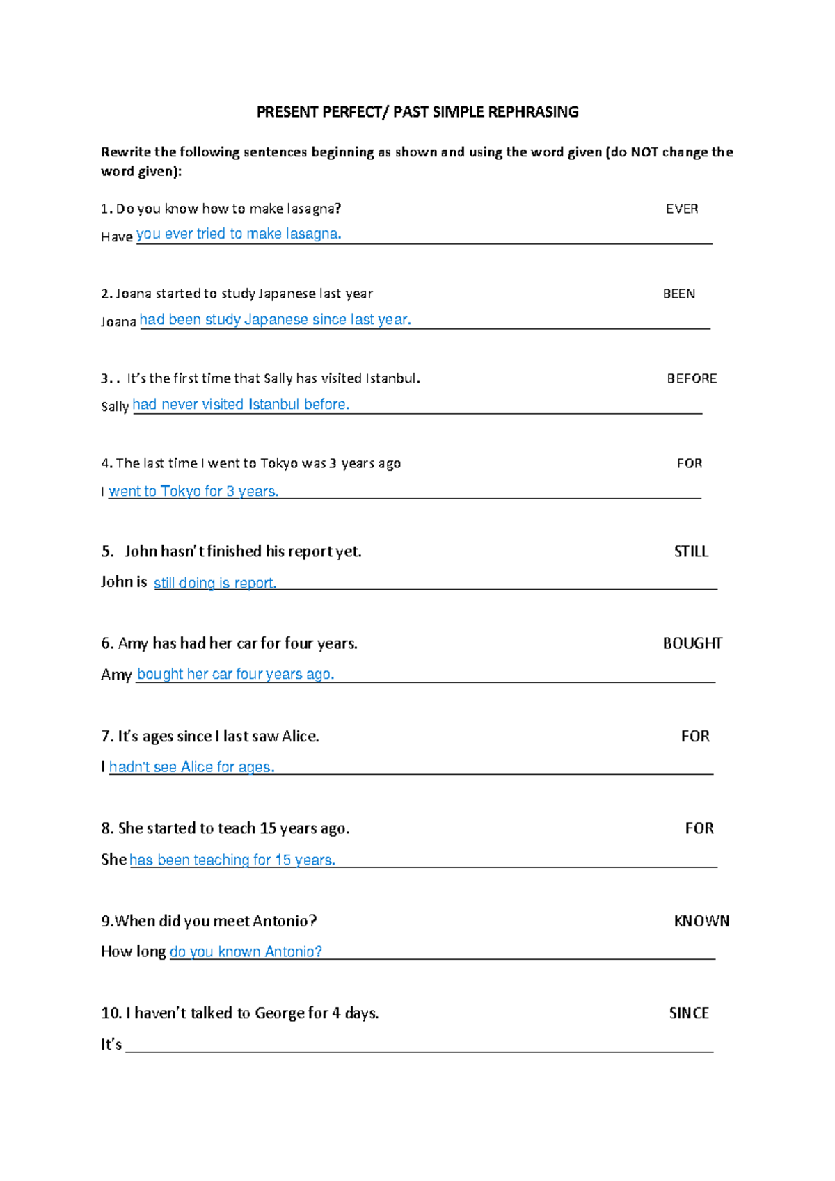 Present Perfect + Past Simple Rephrasing Worksheet 1 - PRESENT PERFECT ...