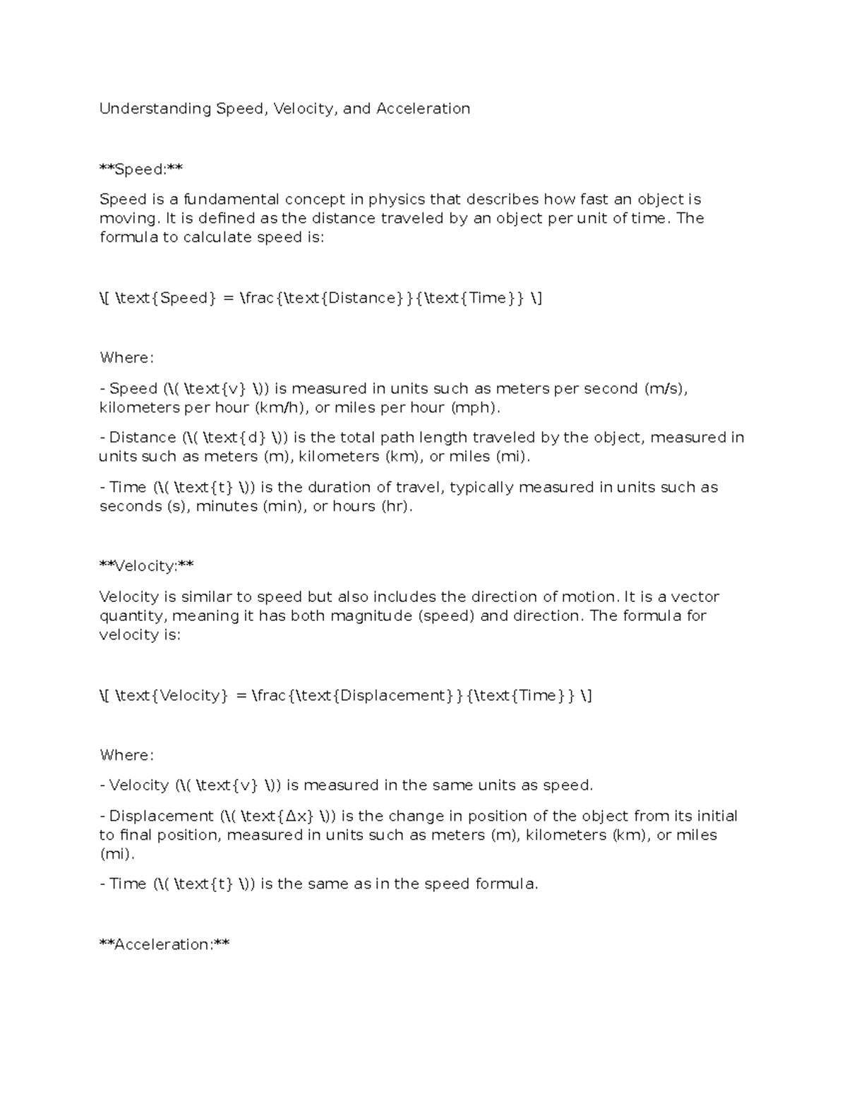 Physics 1 - discussion notes - Understanding Speed, Velocity, and ...