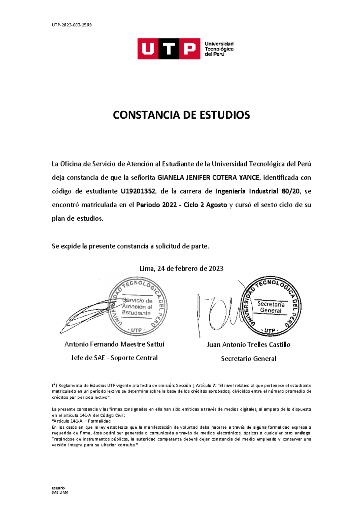 constancia de estudios - UTP-2023-003- CONSTANCIA DE ESTUDIOS La ...