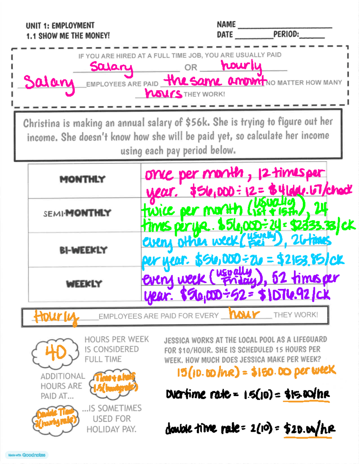 1.1 Completed Notes - salary hourly Salary the same amount hours once ...