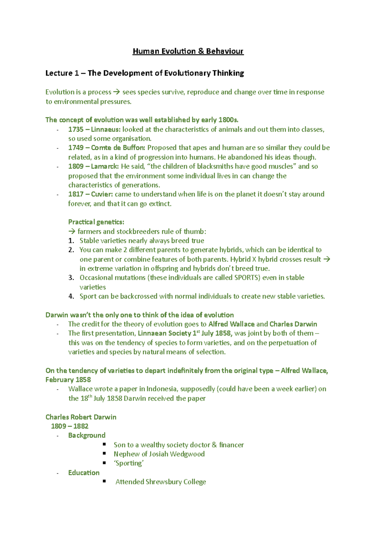 Human Evolution Notes - Human Evolution &amp; Behaviour Lecture 1 – The ...