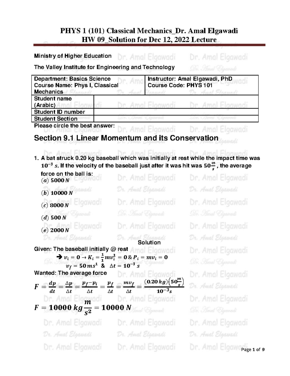 Dr. Amal Elgawadi HW 09 Classical Mech Dec 12, 2022 Solution - HW 09 ...