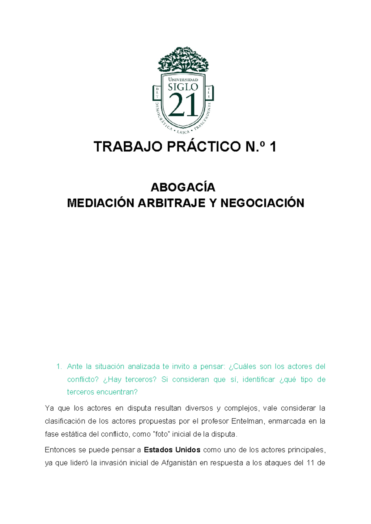 TP 1 Mediación Arbitraje Y Negociación - TRABAJO PRÁCTICO N.º 1 ABOGACÍA MEDIACIÓN ARBITRAJE Y ...