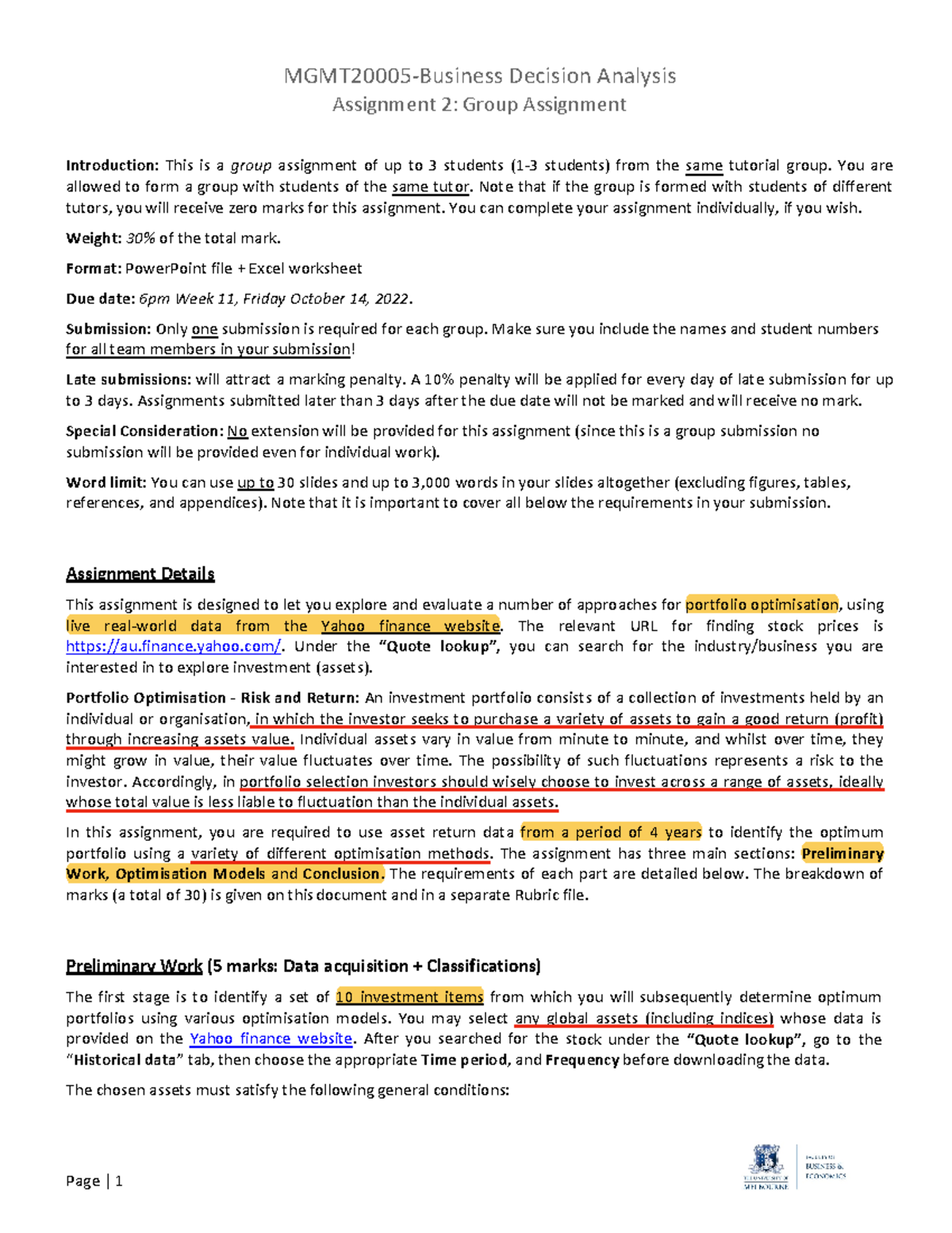 MGMT2000 5 Assignment 2-2 - MGMT20005-Business Decision Analysis ...