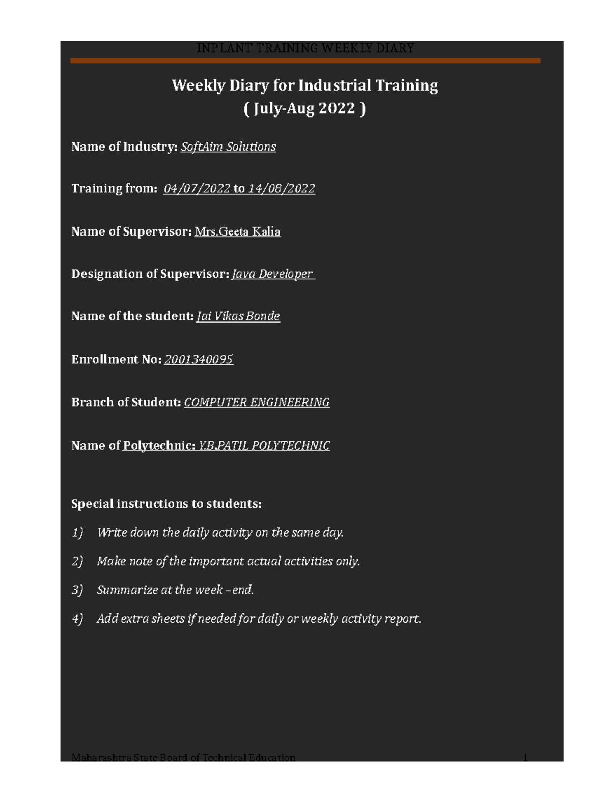 Weekly Dairy JAI Bonde - Icha nai ye mazay sobatch - Weekly Diary for ...