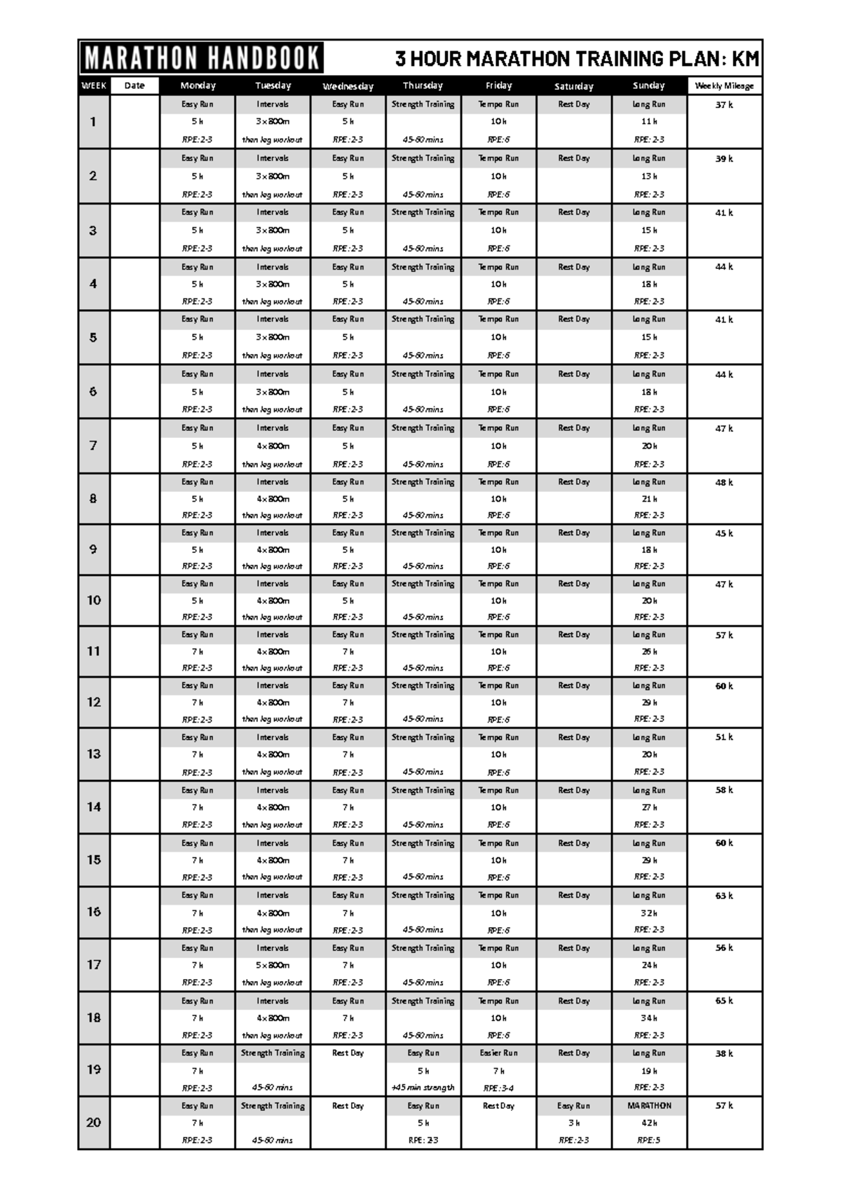 3 Hour Marathon Training Plan - KM===== - 3 HOUR MARATHON TRAINING PLAN ...