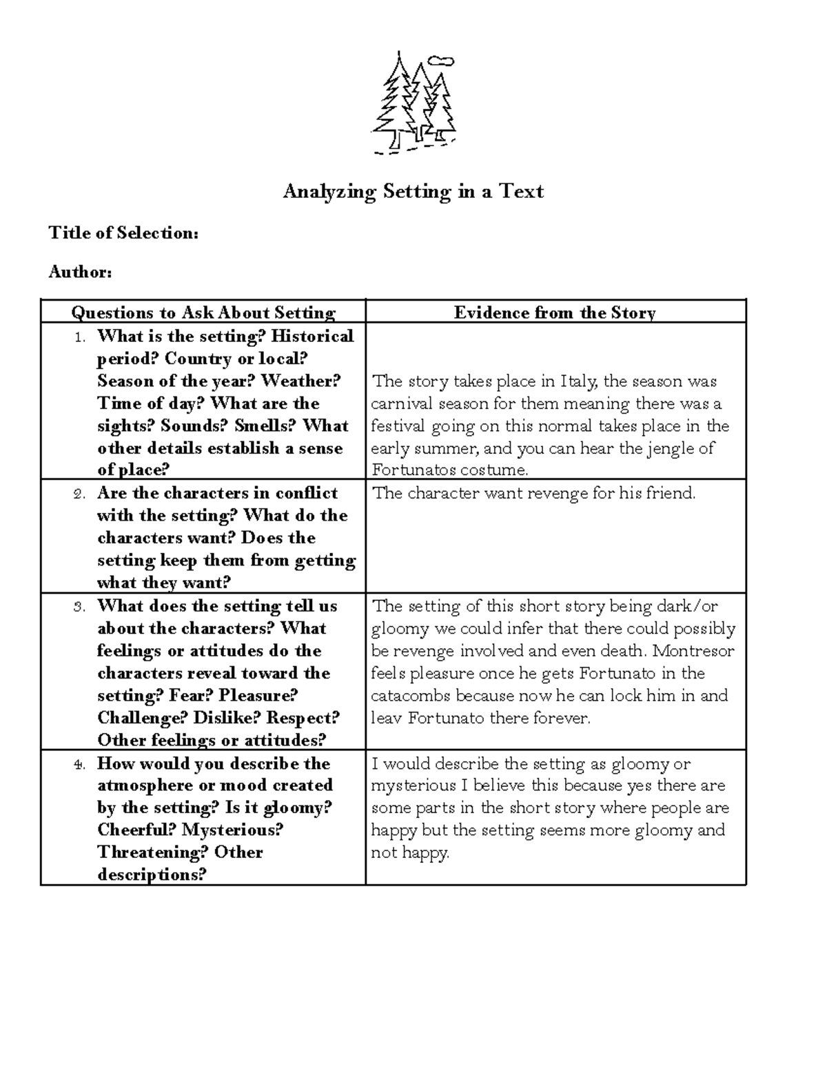 Setting Worksheet - Gives you answers - Analyzing Setting in a Text ...