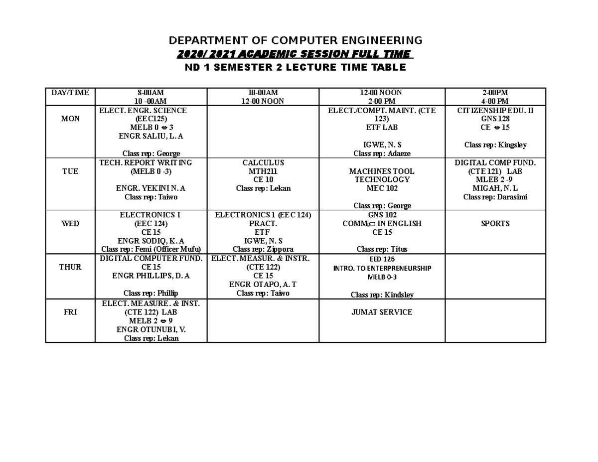 2ND Semester 20 21 Session TIME Table. New Edition - DEPARTMENT OF COMPUTER ENGINEERING 2020 / ...