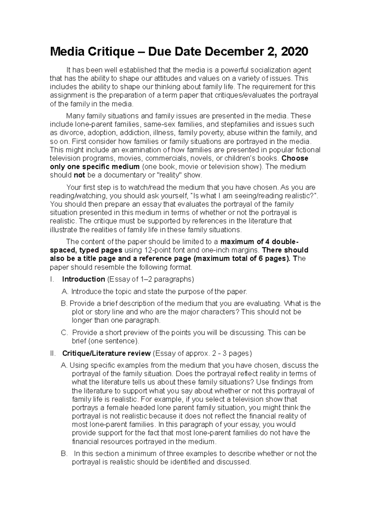 Media Critique Info - assignment - Media Critique – Due Date December 2 ...