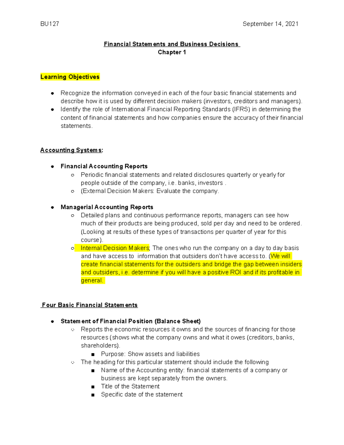 Ch 1 Financial Statements and Business Decisions (including Appendix 1A ...