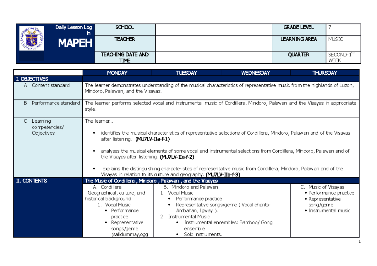 Q2 Grade 7 Music DLL Week 1 - Daily Lesson Log in MAPEH SCHOOL GRADE ...