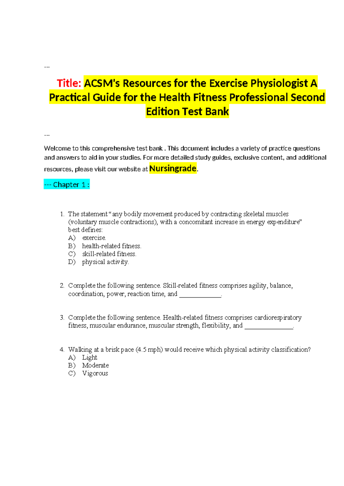 ACSM's Resources for the Exercise Physiologist A Practical Guide for the Health Fitness ...