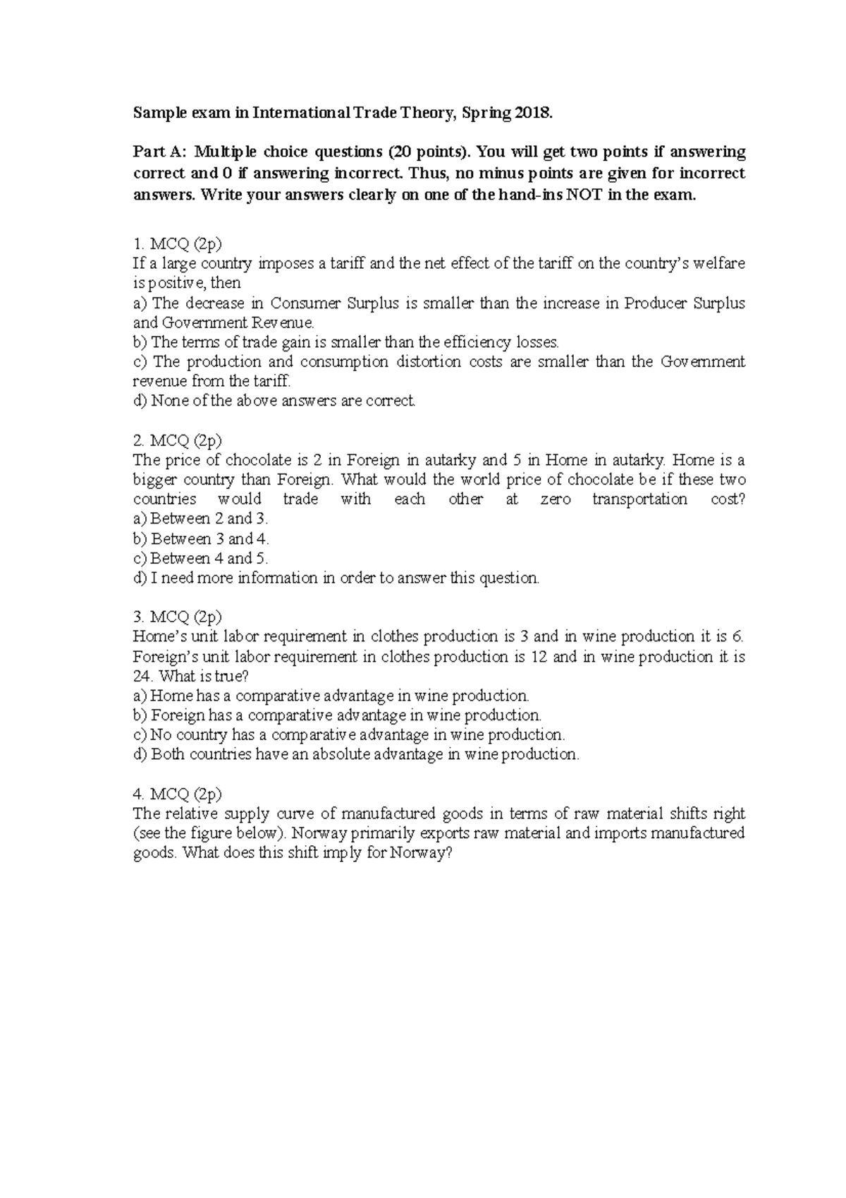Sample exam questions - Sample exam in International Trade Theory ...
