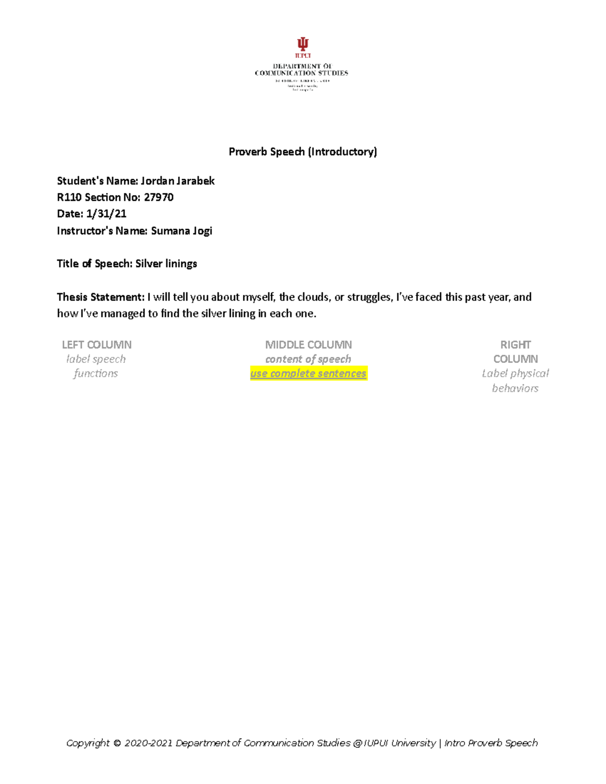 Proverb Speech 2020-2021-1 - Proverb Speech (Introductory) Student's ...