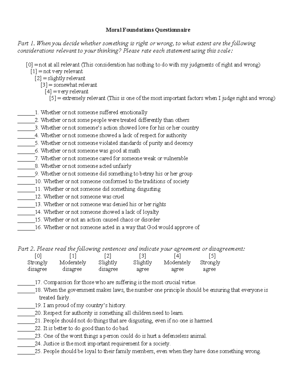 Moral Foundations Questionnaire by Jonanthan Haidt - Moral Foundations ...