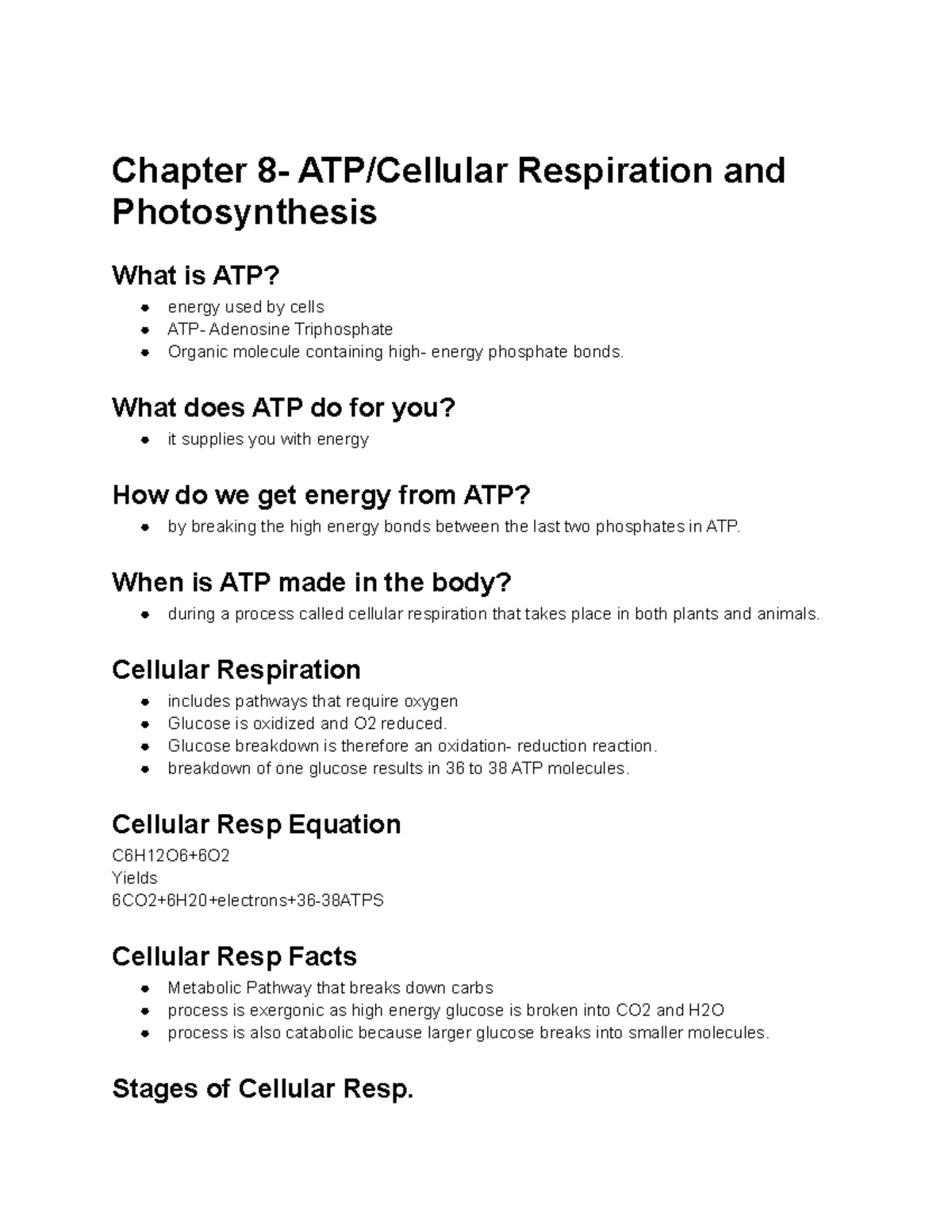 Chapter 8- ATP Cellular Respiration and Photosynthesis - Chapter 8- ATP ...