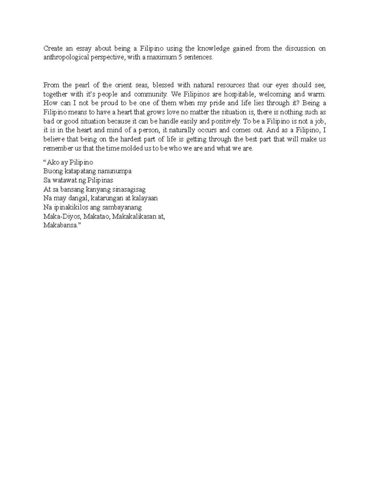 Lectures note document - Create an essay about being a Filipino using ...