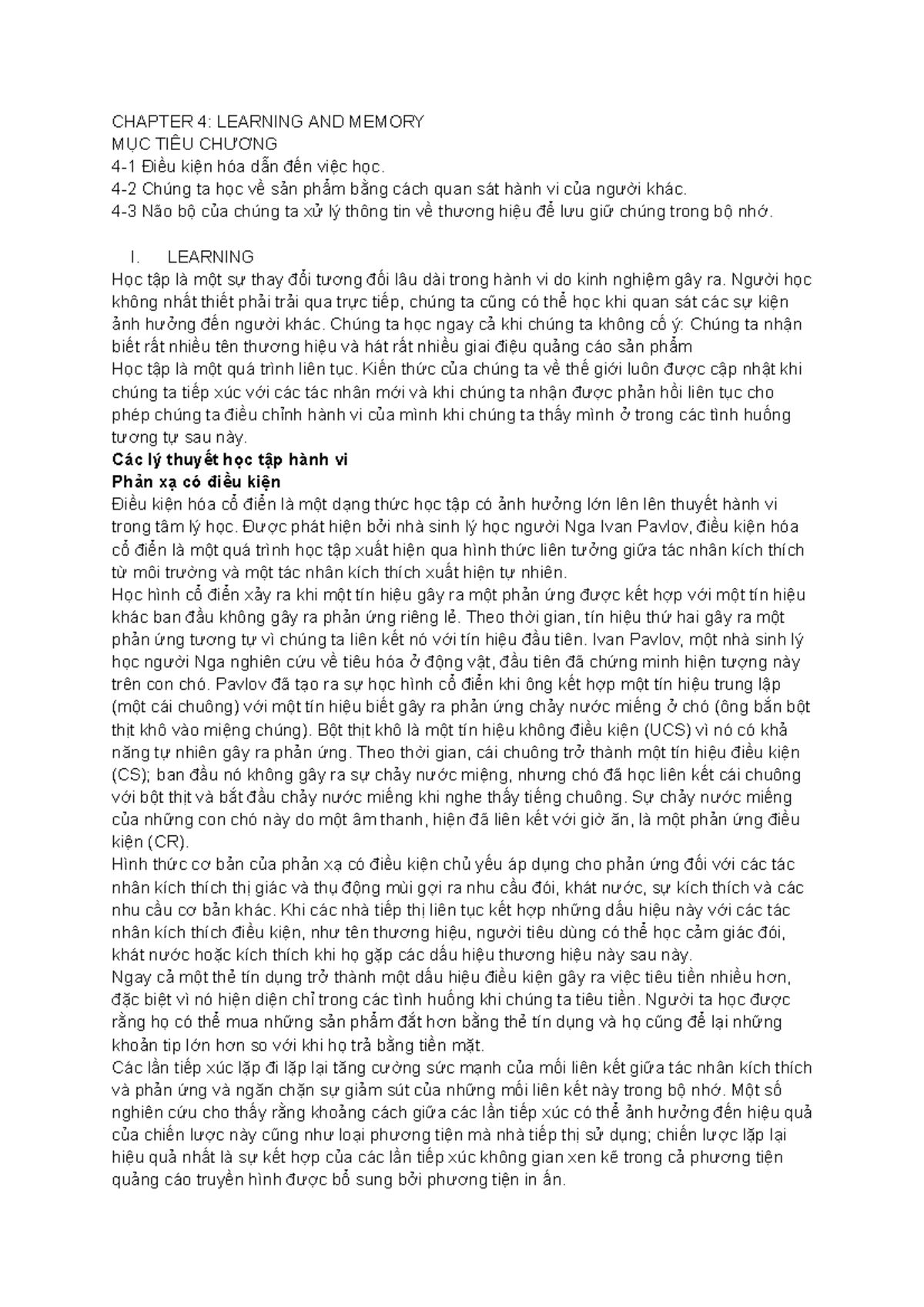 Chapter 4 - hành vi người tiêu dùng chương 4 - CHAPTER 4: LEARNING AND MEMORY MỤC TIÊU CHƯƠNG 4 ...