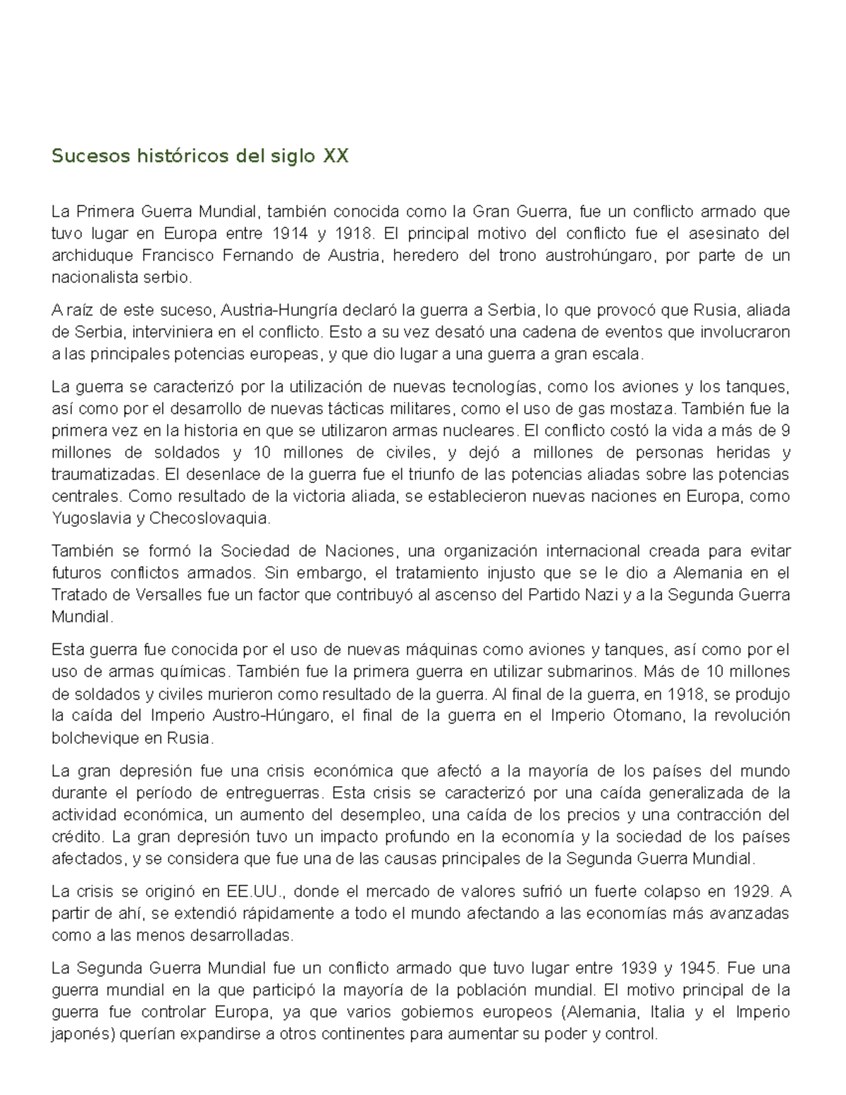 Evidencia 2mundo - qfa - Sucesos históricos del siglo XX La Primera ...