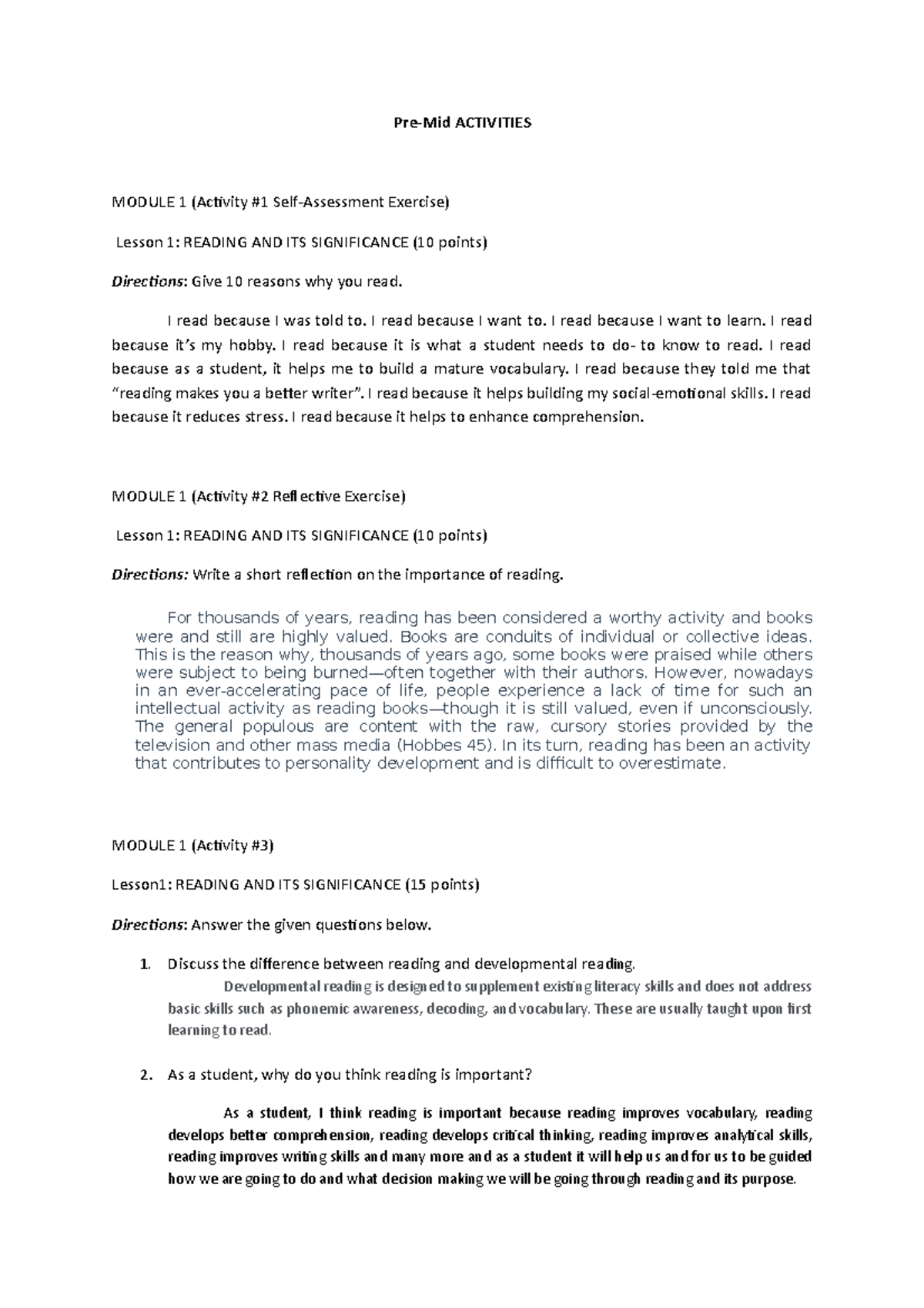 Pre-Mid Activities - None - Pre-Mid ACTIVITIES MODULE 1 (Activity #1 ...