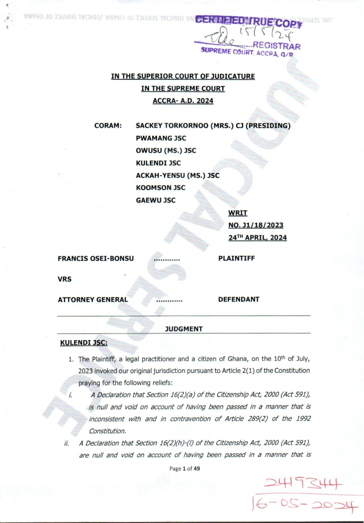 Francis OSEI - Bonsu - THE Attorney General - Judgment - 10 CERTIFIED ...