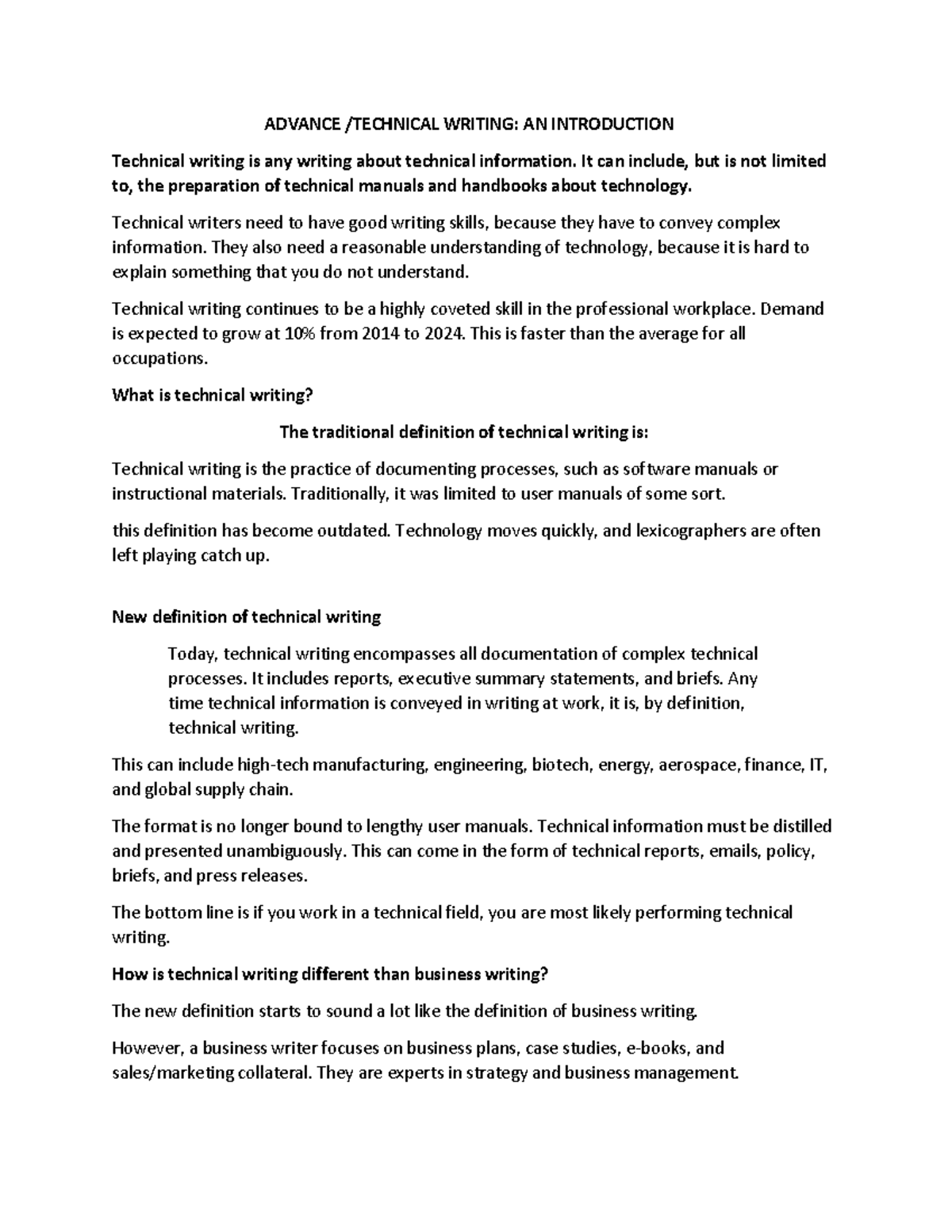 Intro to T. Writing - Teacher's notes - ADVANCE /TECHNICAL WRITING: AN ...
