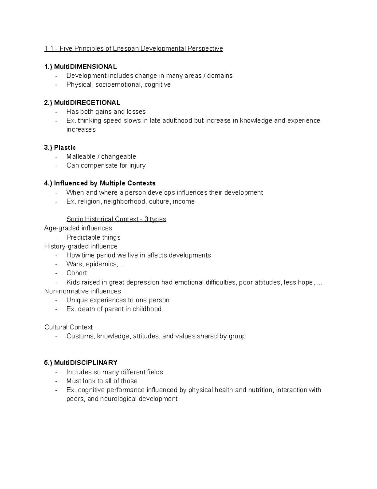 FMST 210 - Chapter 1 Textbook Notes - 1 - Five Principles of Lifespan ...