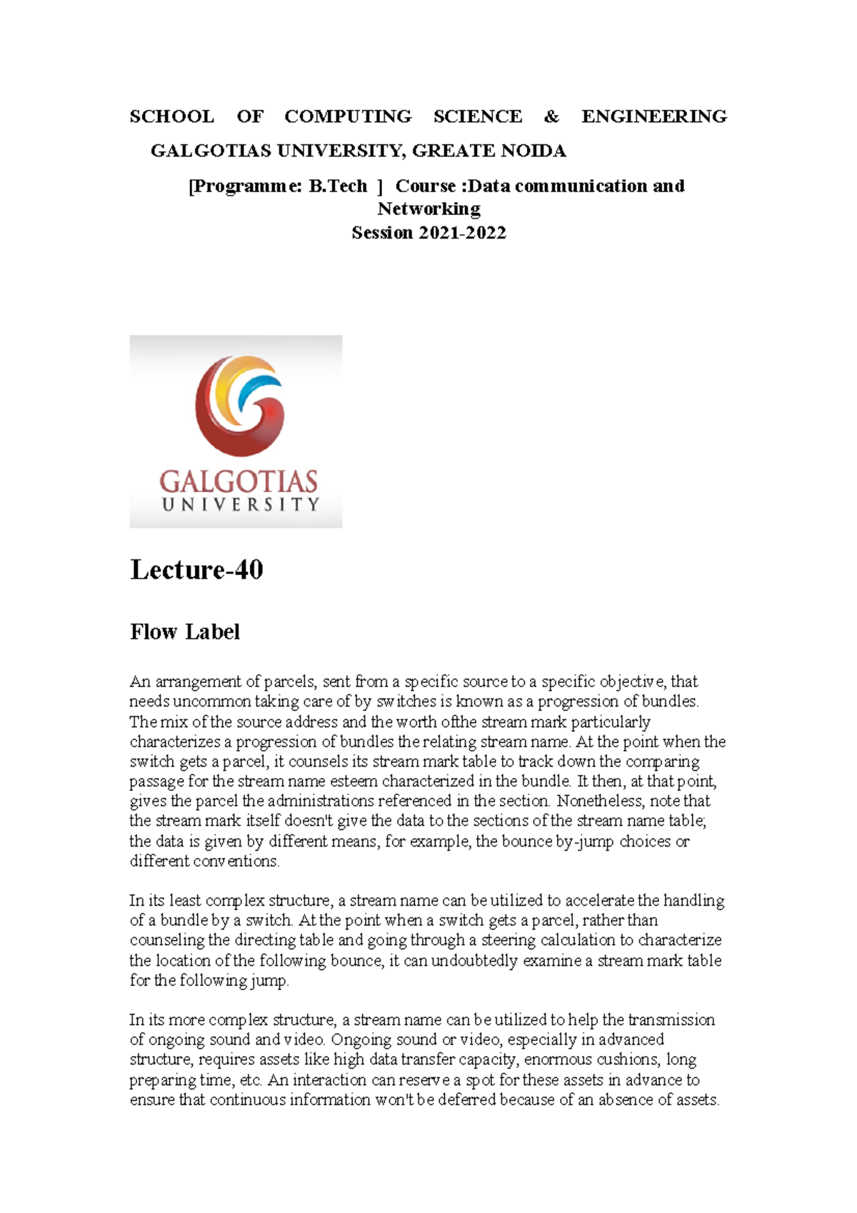 DCN lecture 40 @ Galgotias university - SCHOOL OF COMPUTING SCIENCE ...