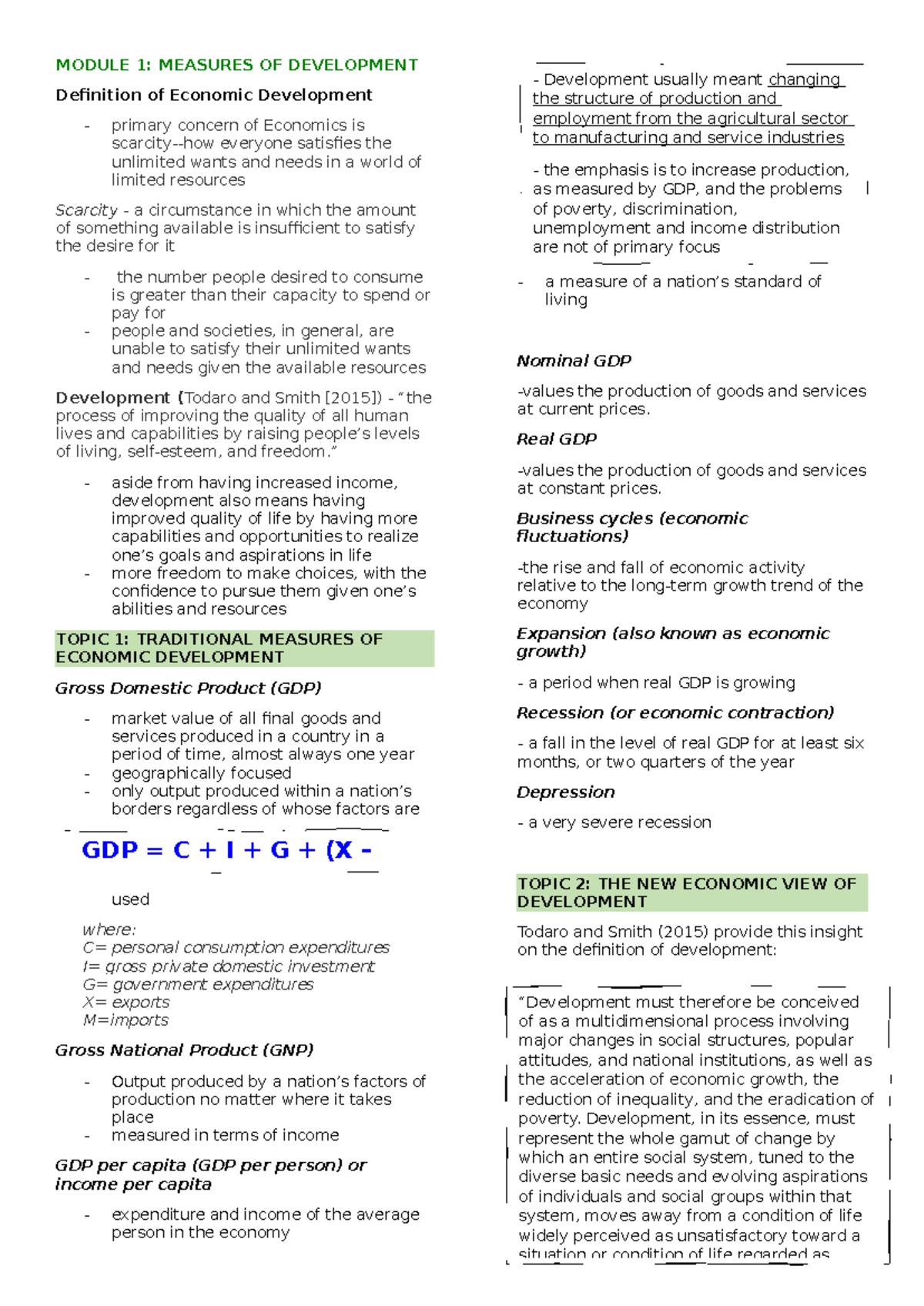 Econdev Module 1 Notes - MODULE 1: MEASURES OF DEVELOPMENT Definition ...