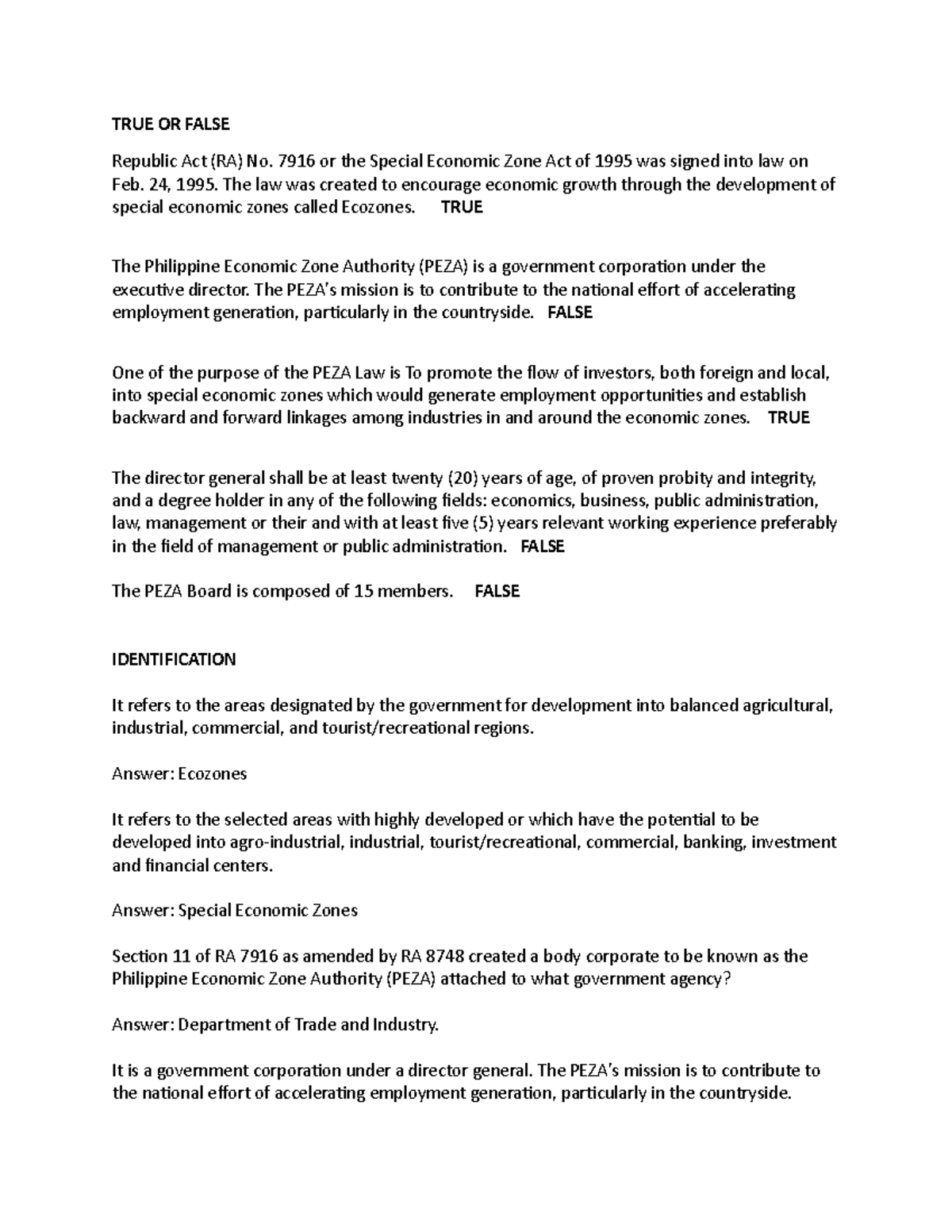Quiz - vcf - TRUE OR FALSE Republic Act (RA) No. 7916 or the Special ...