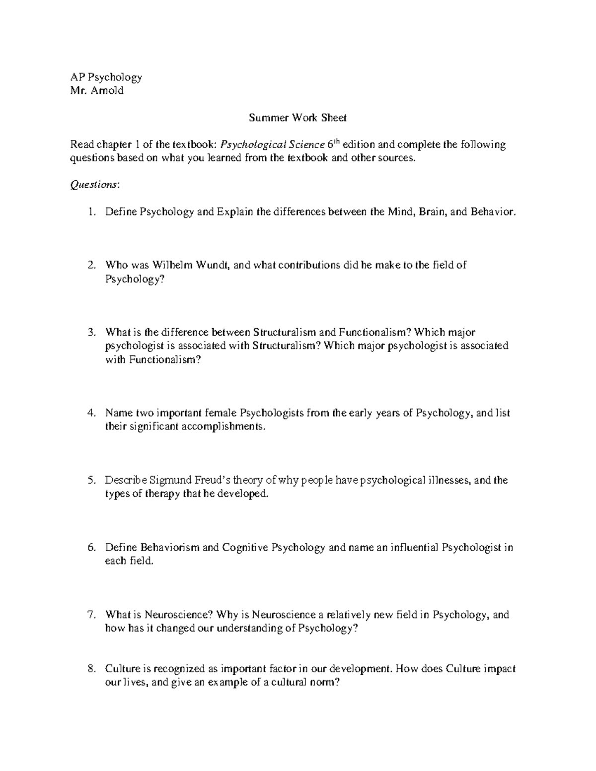 Chapter 1 Worksheet - For Chp 1 notes - AP Psychology Mr. Arnold Summer ...