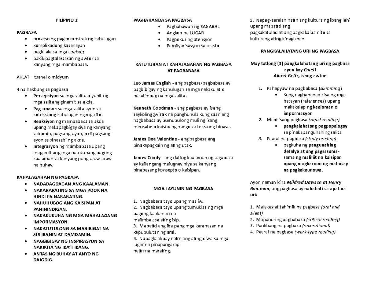 Filipino 2 reviewer 3rd quarter grade 11 - FILIPINO 2 PAGBASA proseso ...