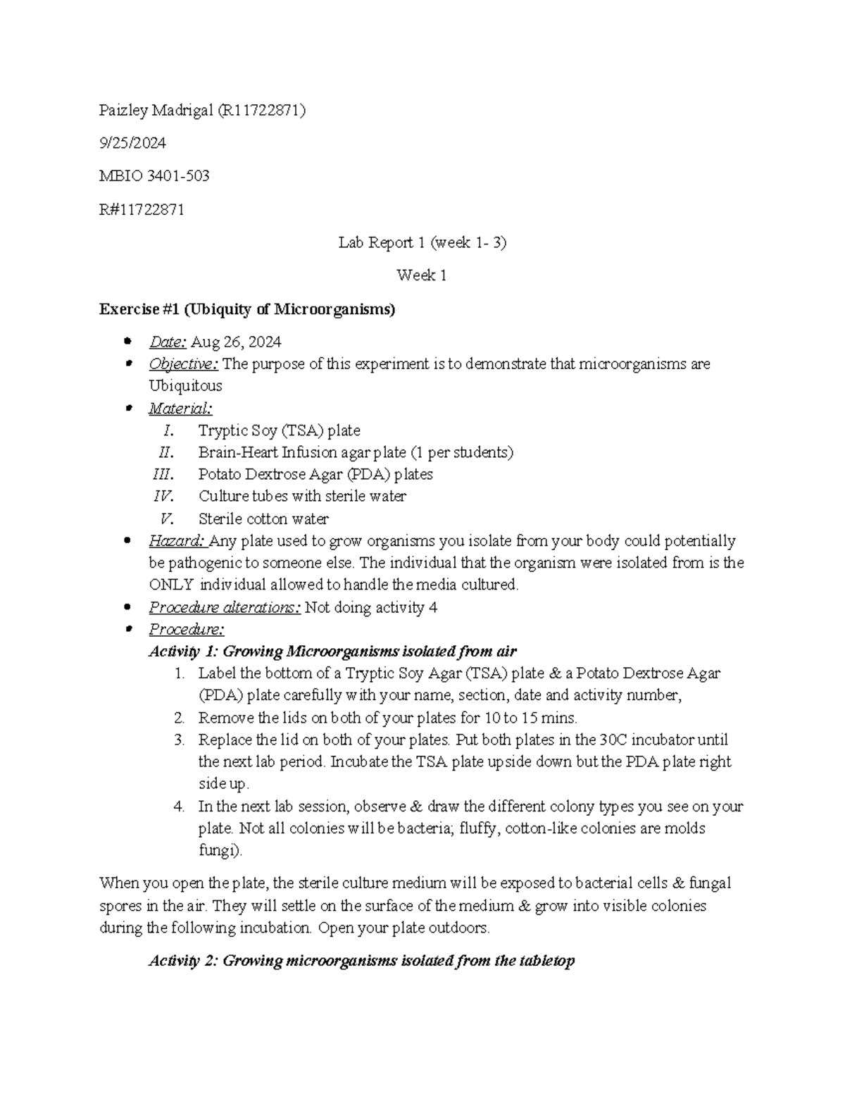 Lab Report 1 Microbio 1 - Paizley Madrigal (R11722871) 9/25/ MBIO 3401 ...