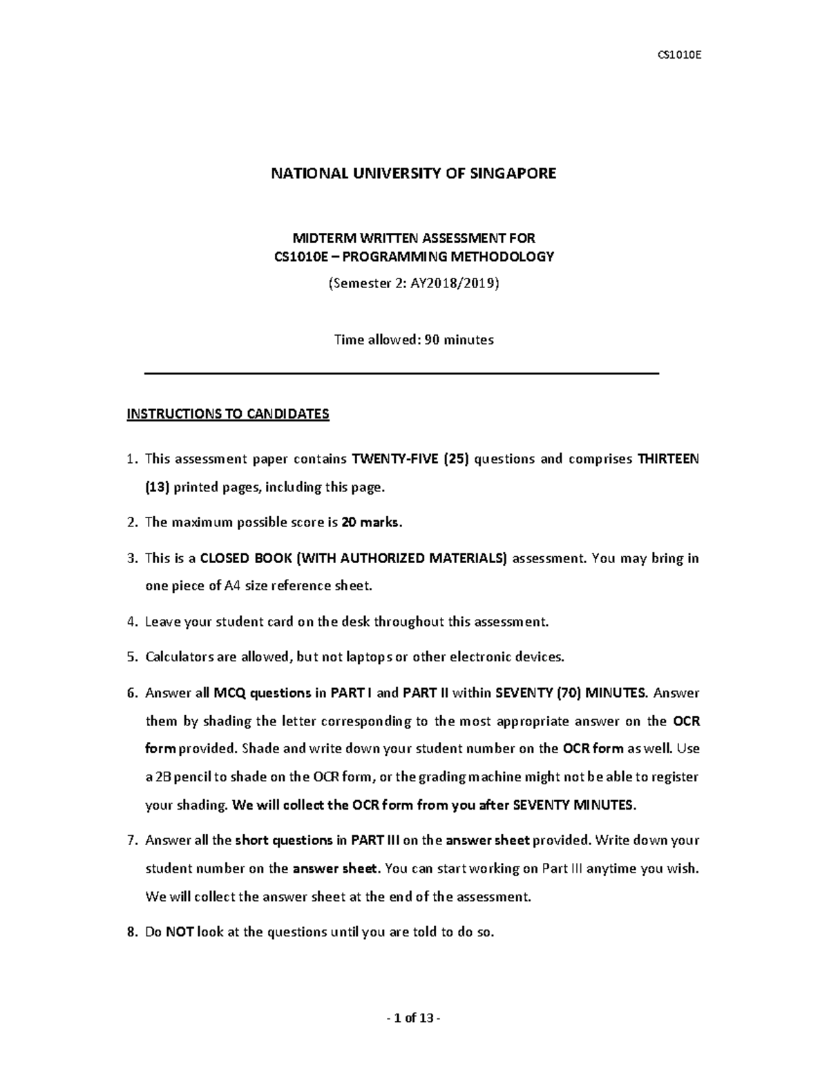 Midterm-instructions - CS1010E 1 of 13 - NATIONAL UNIVERSITY OF SINGAPORE MIDTERM WRITTEN ...