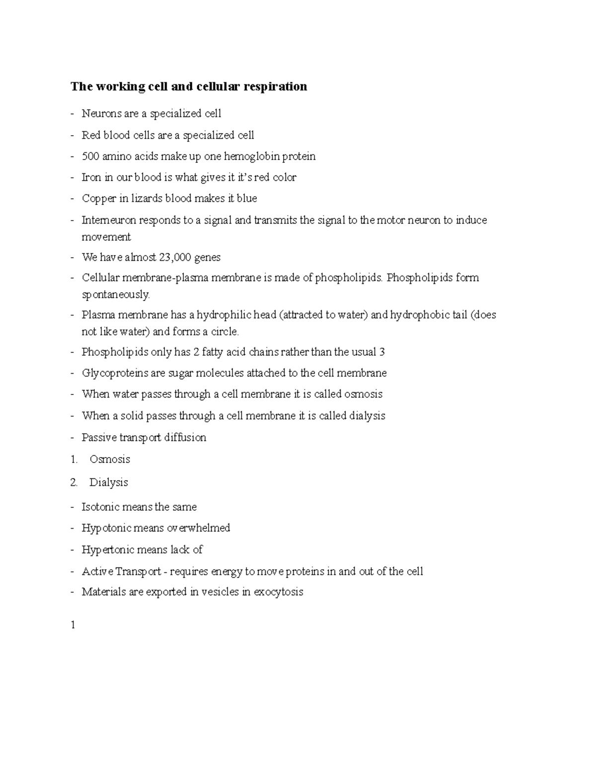 The working cell and cellular respiration - The working cell and ...