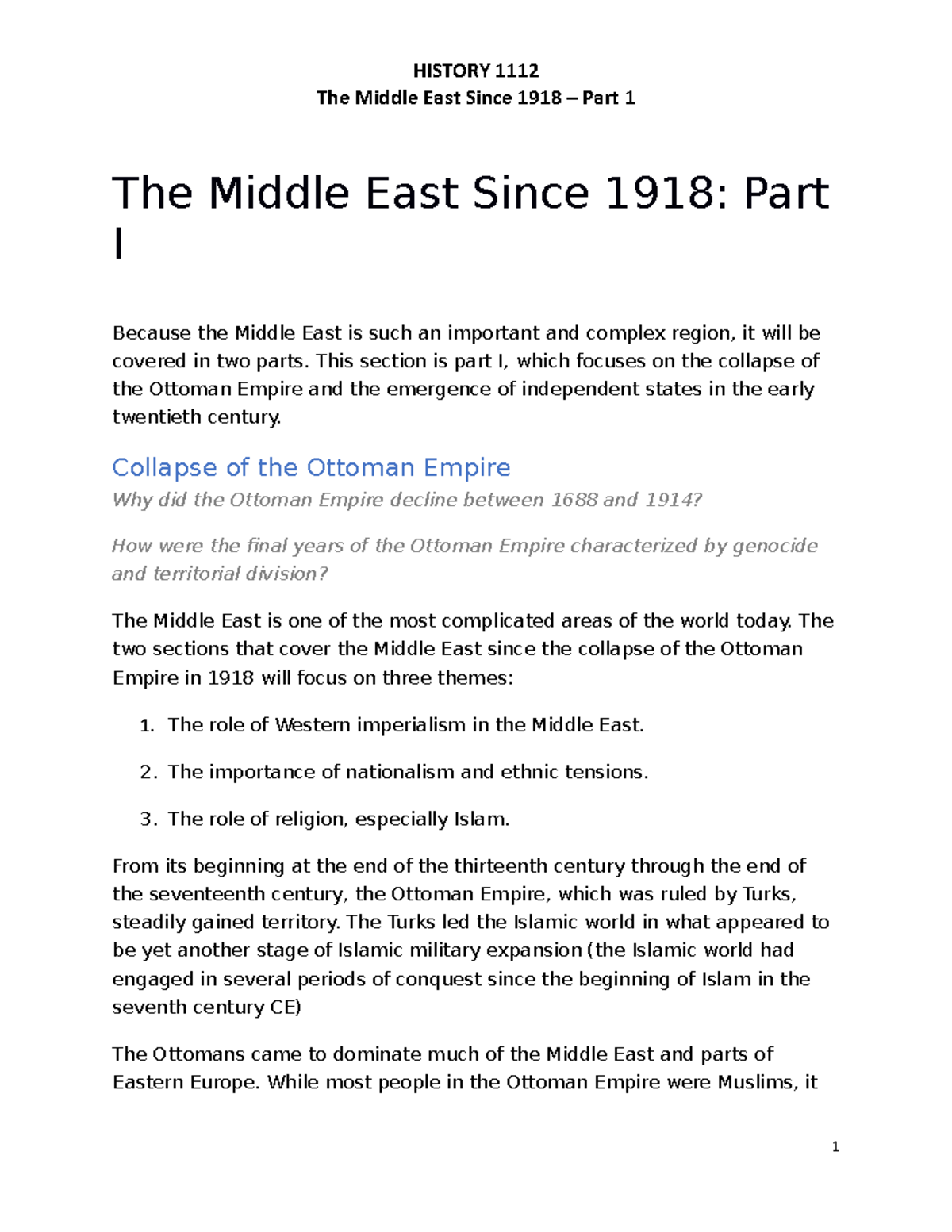 HIST 1112 - The Middle East Since 1918 - Part 1 - The Middle East Since ...