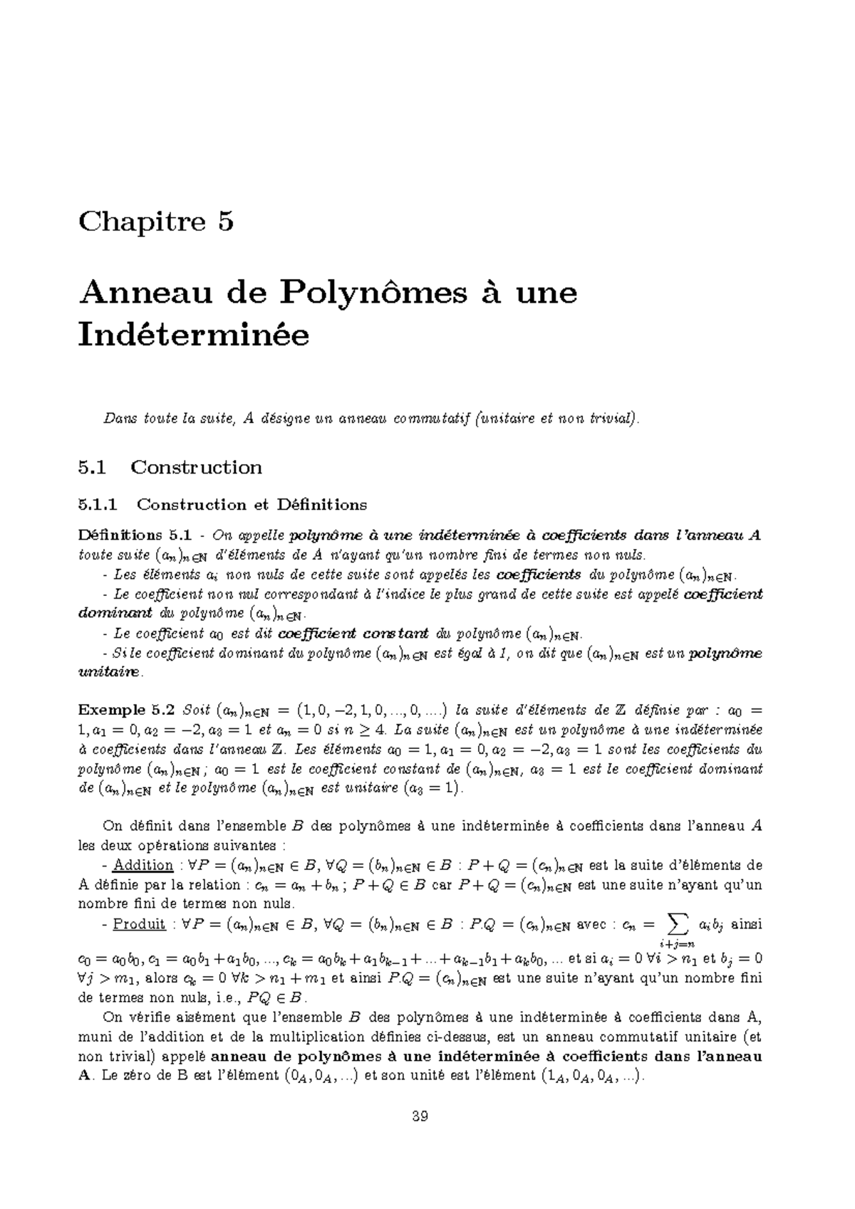 Cour alg6 chapitre 5 - ' !! ( )!* + ! ! ! " A - Studocu