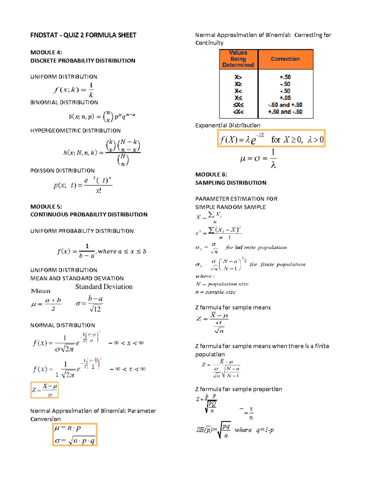 Q2+ Formula+ Sheet - FNDSTAT - QUIZ 2 FORMULA SHEET MODULE 4: DISCRETE ...