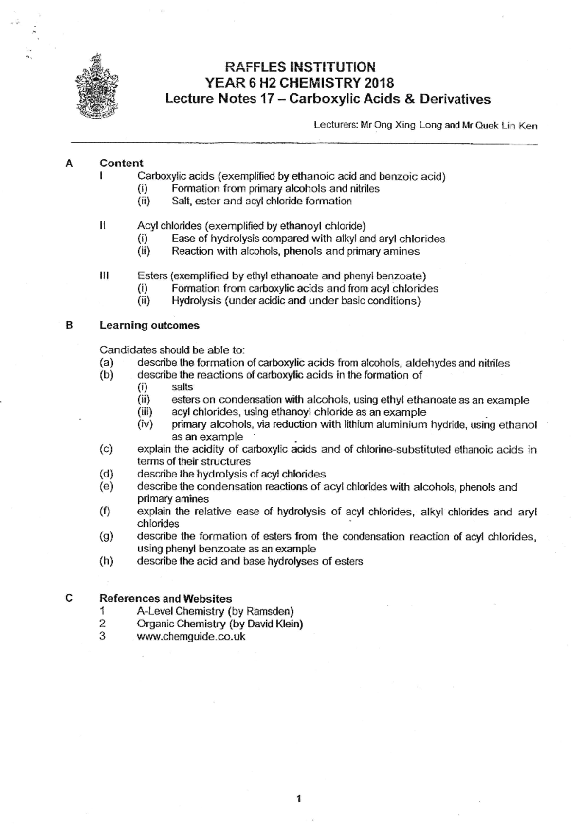 Lecture Notes 17 - Carboxylic Acids & Derivatives - biochemistry - Studocu