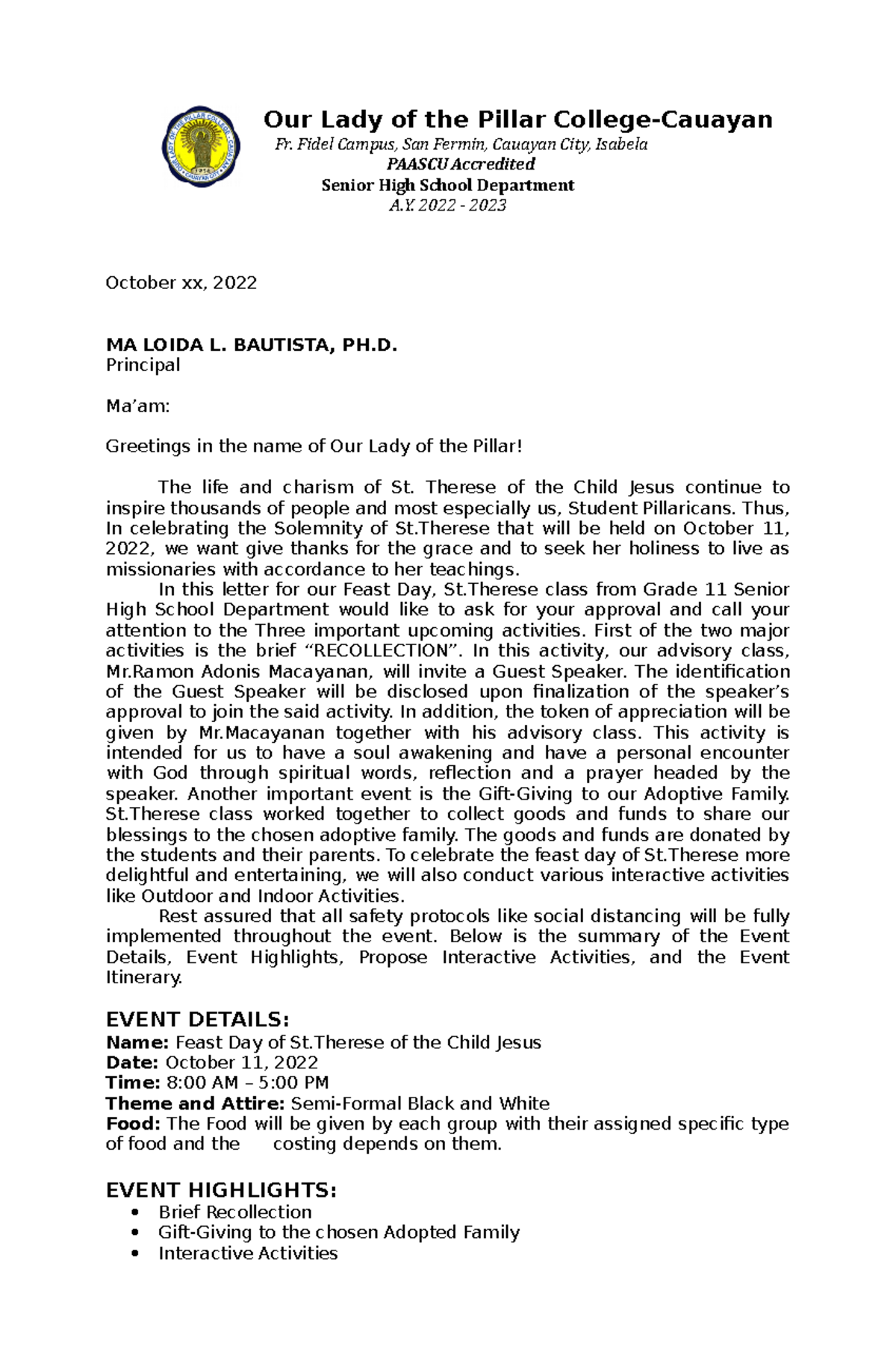 ST. Therese Letter FOR Feast DAY copy - Our Lady of the Pillar College ...