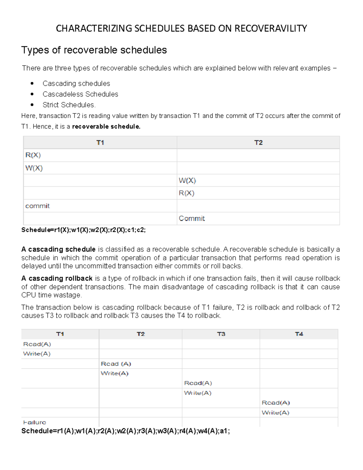 Recoveravility - CHARACTERIZING SCHEDULES BASED ON RECOVERAVILITY Types ...