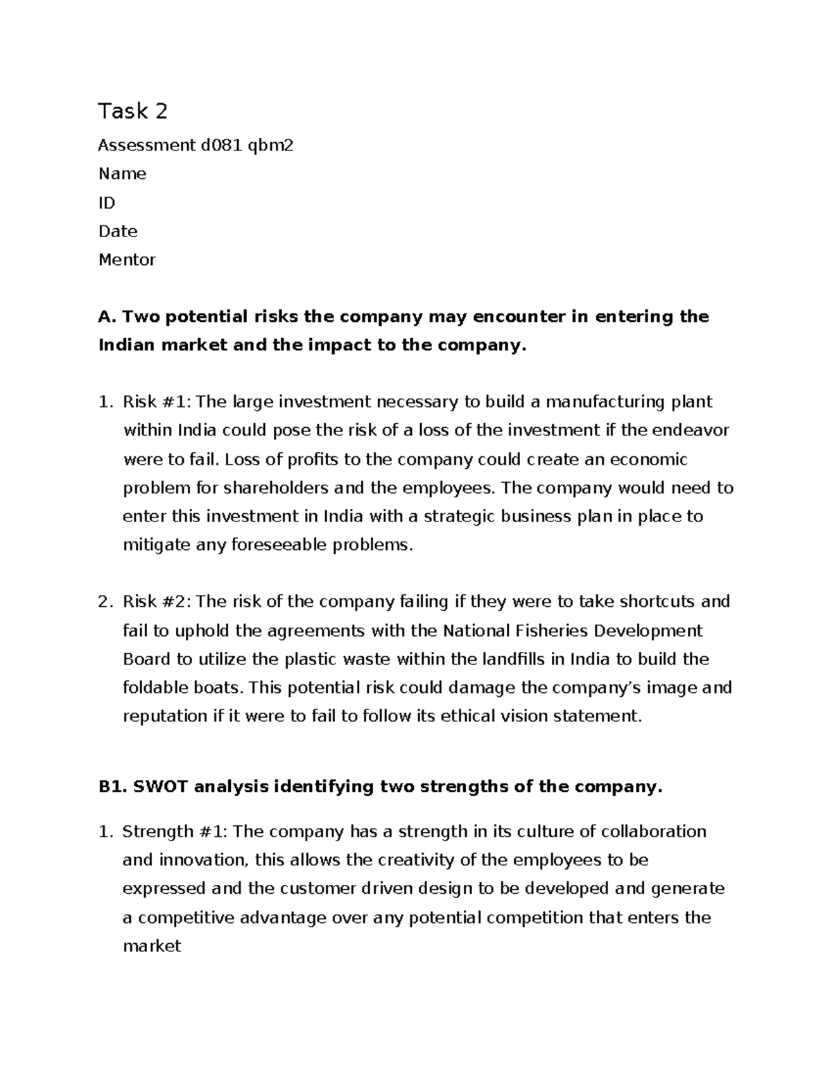 QBM TWO-Task two D081 - Task 2 Assessment d081 qbm Name ID Date Mentor ...