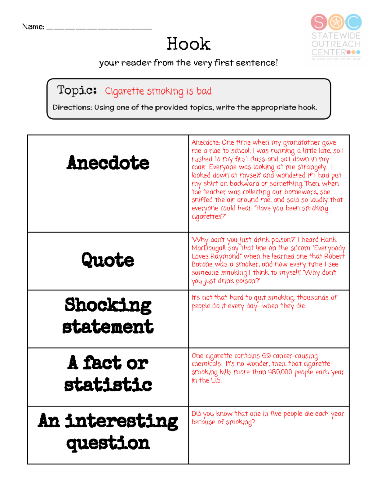 Hook Worksheet - Example - Name: _____________________________ Hook ...