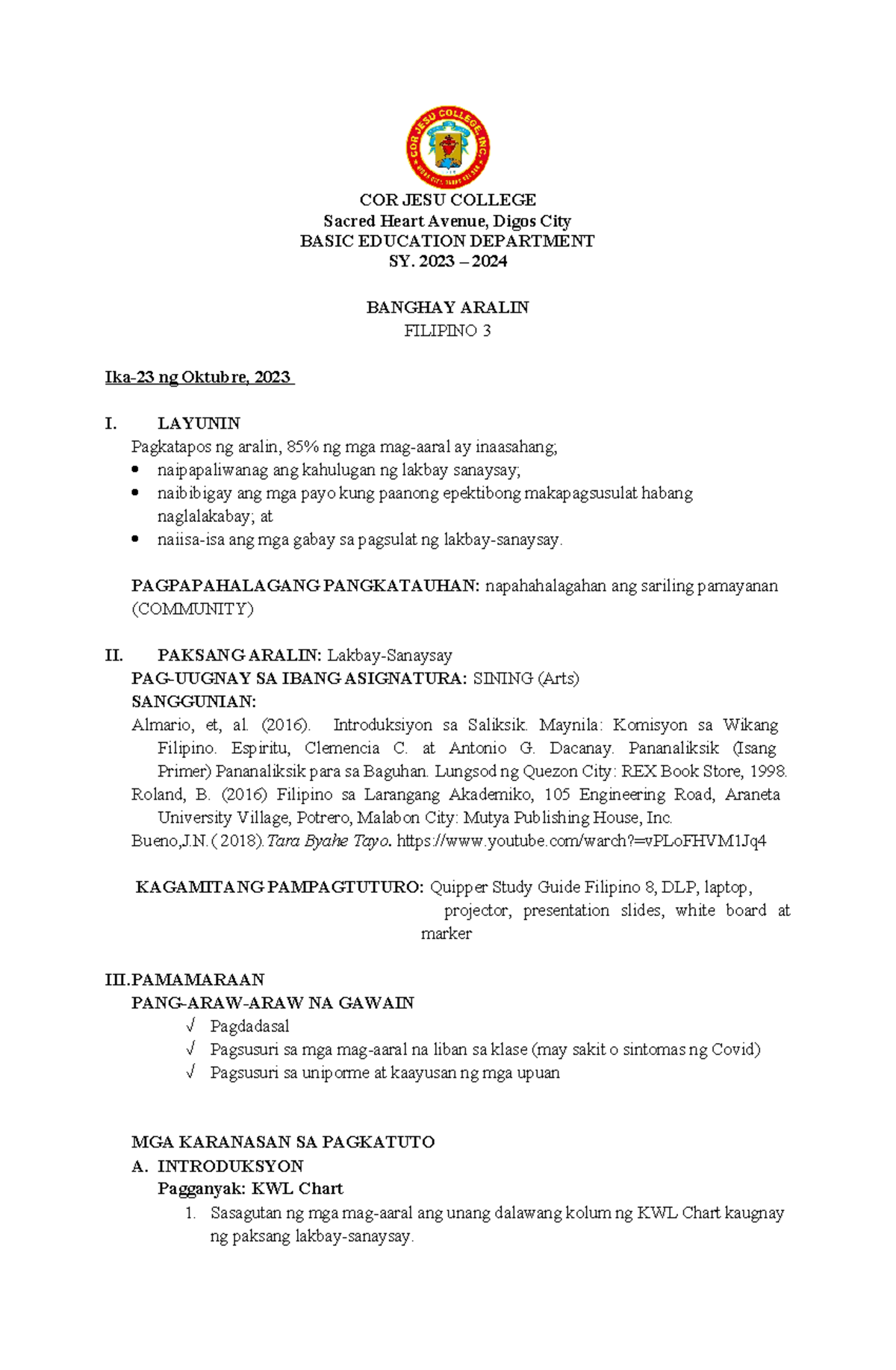 Banghay- Aralin-OCT-23-2023 Paascu - COR JESU COLLEGE Sacred Heart ...