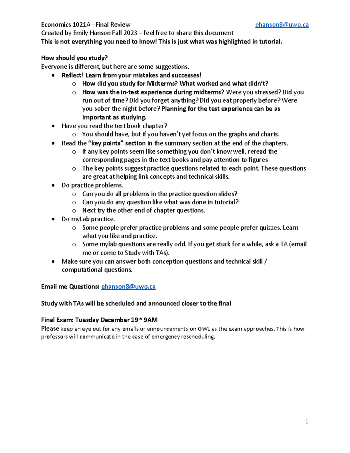 Final Exam One Pager and How to Study - Created by Emily Hanson Fall ...
