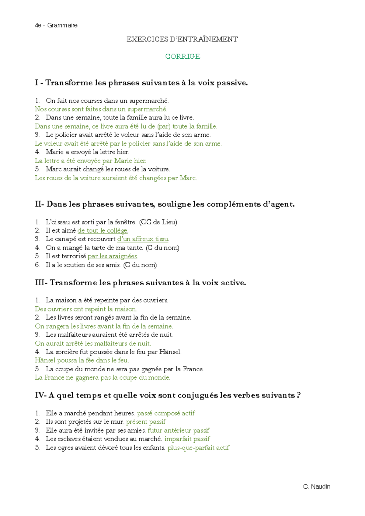 Voix active passive entrainement corrige - 4e - Grammaire EXERCICES D ...